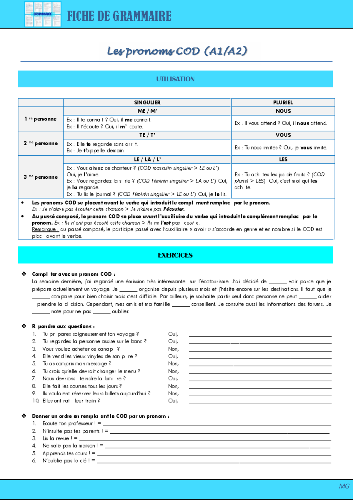 A1-A2 Grammaire: Utilisation des Pronoms COD et Exercices - Studocu