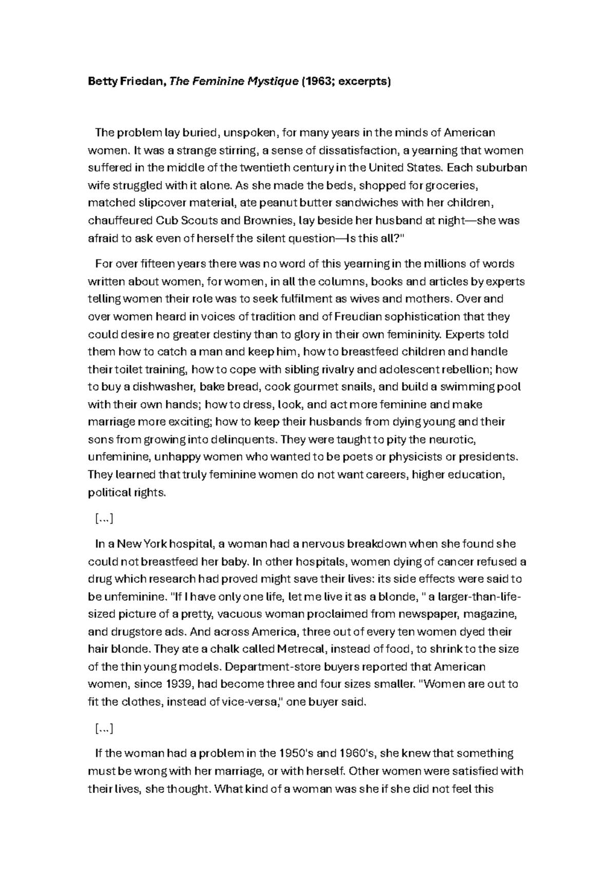 21 Friedan The Feminine Mystique excerpts - Betty Friedan, The Feminine ...