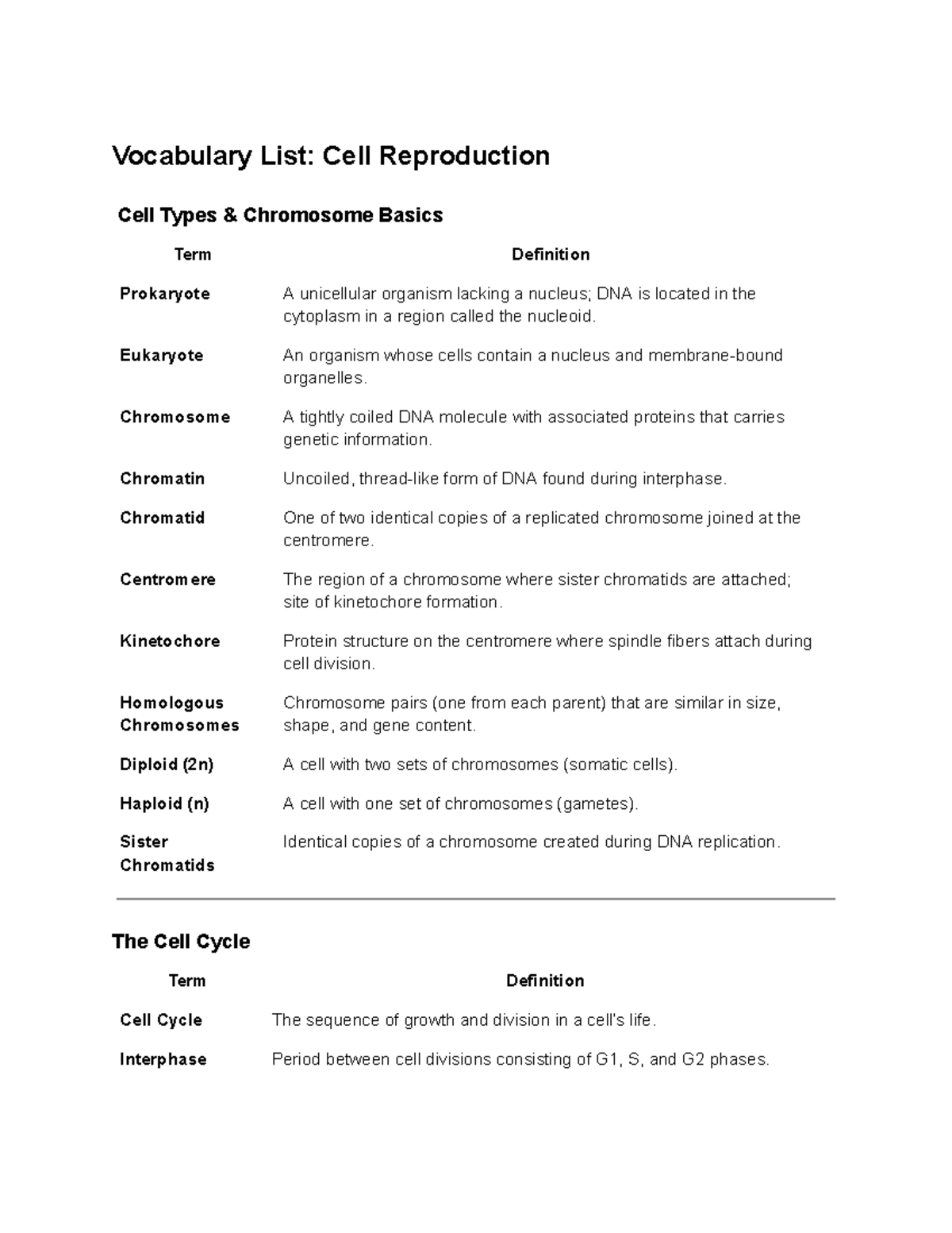 Week 8 Vocabulary: Cell Reproduction & Chromosome Basics - Studocu