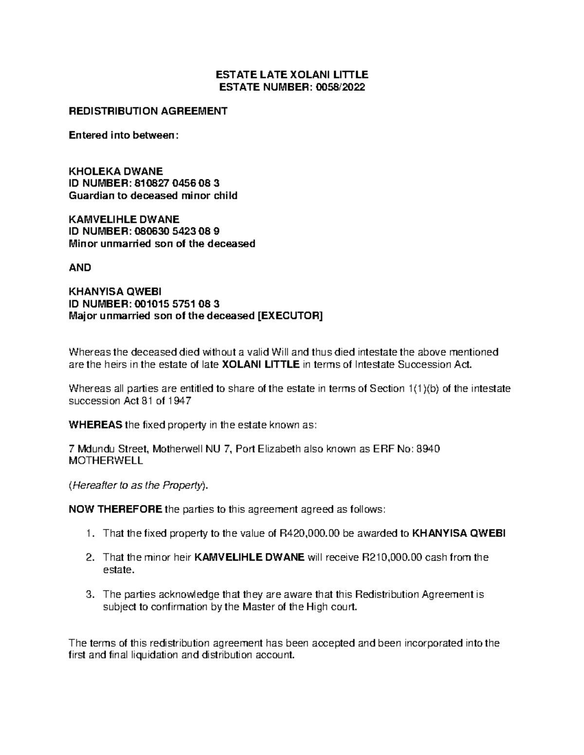 Redistribution Agreement for Estate of Xolani Little - Studocu