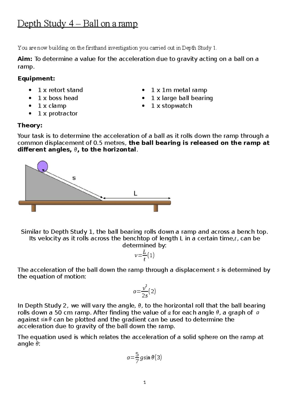 Depth Study 4: Investigating Acceleration of a Ball on a Ramp - Studocu