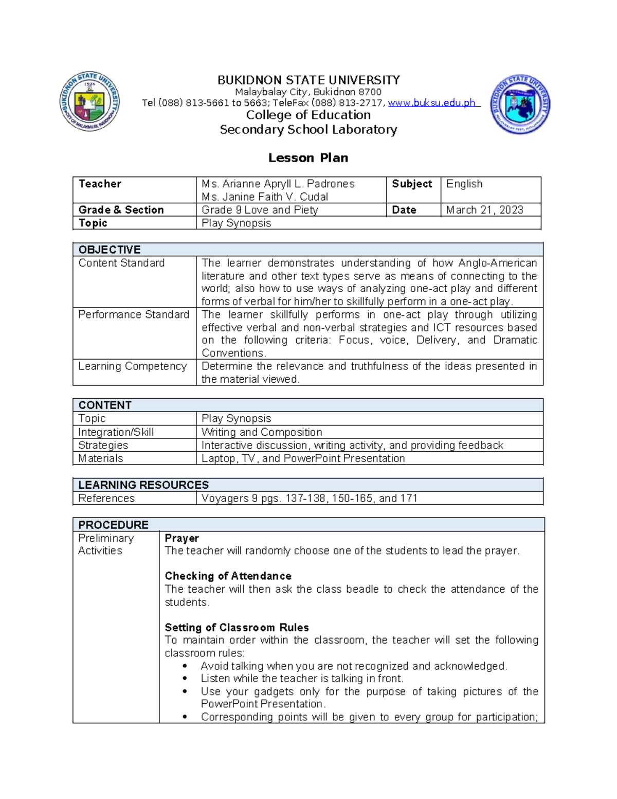 Grade 9 English Lesson Plan: Play Synopsis Writing - Studocu