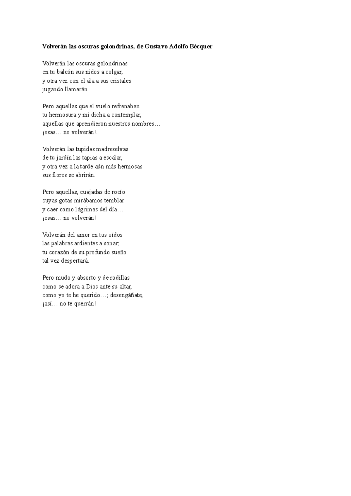 Poema: "Volverán las oscuras golondrinas" de Bécquer - Análisis - Studocu