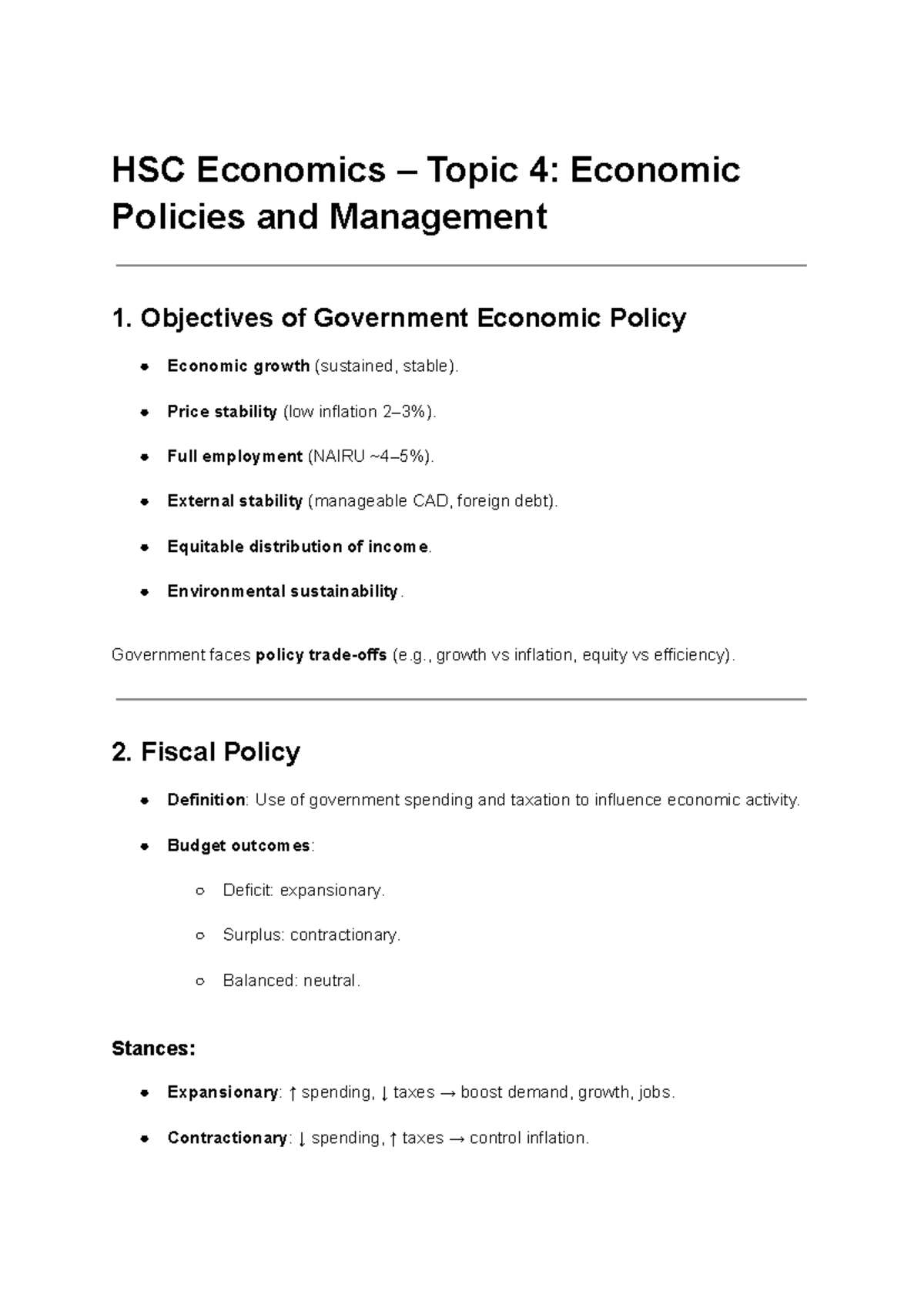 HSC Economics T4: Economic Policies & Management Notes - Studocu