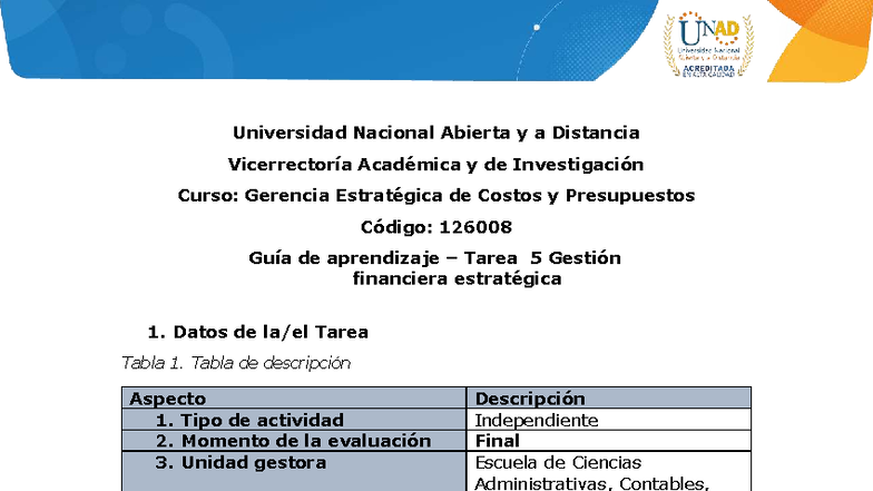 Guía de Aprendizaje Tarea 5: Gestión Financiera Estratégica - 126008 - Studocu