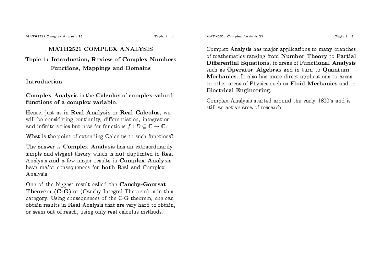 MATH2521_Topic1_Notes - MATH2521 Complex Analysis S2 Topic 1 1 ...