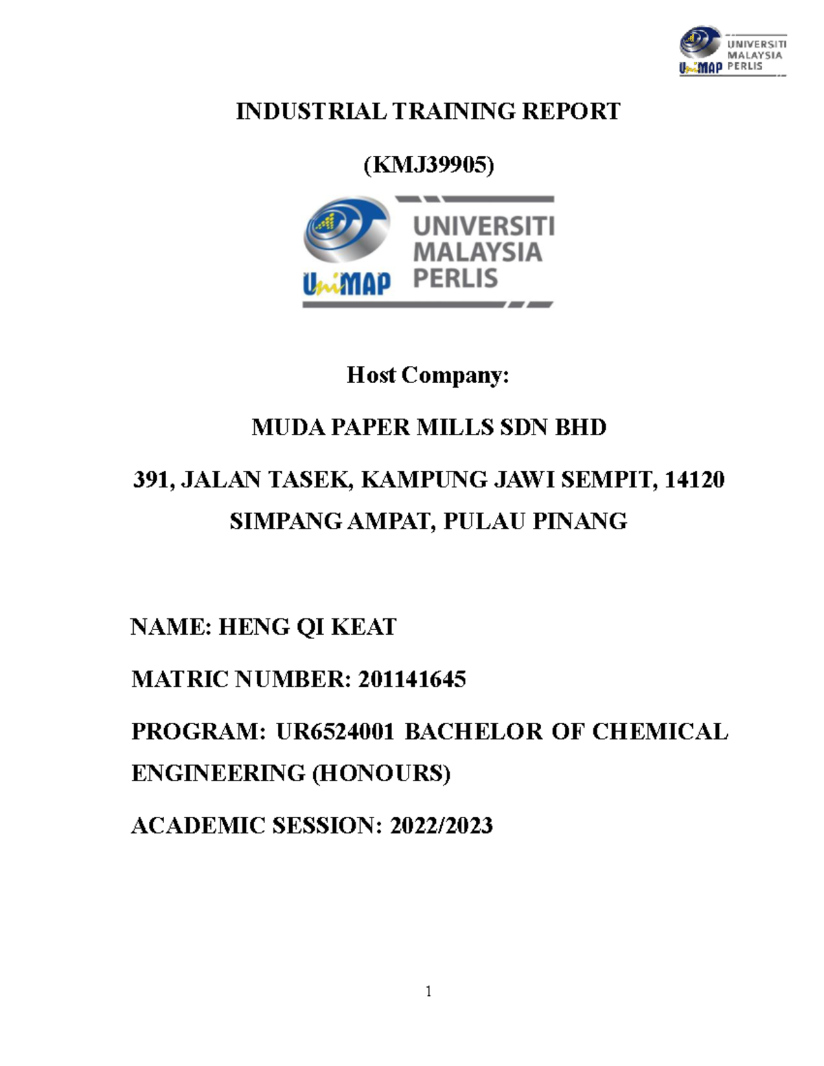 KMJ39905 Final Industrial Training Report at MUDA Paper Mills - Studocu
