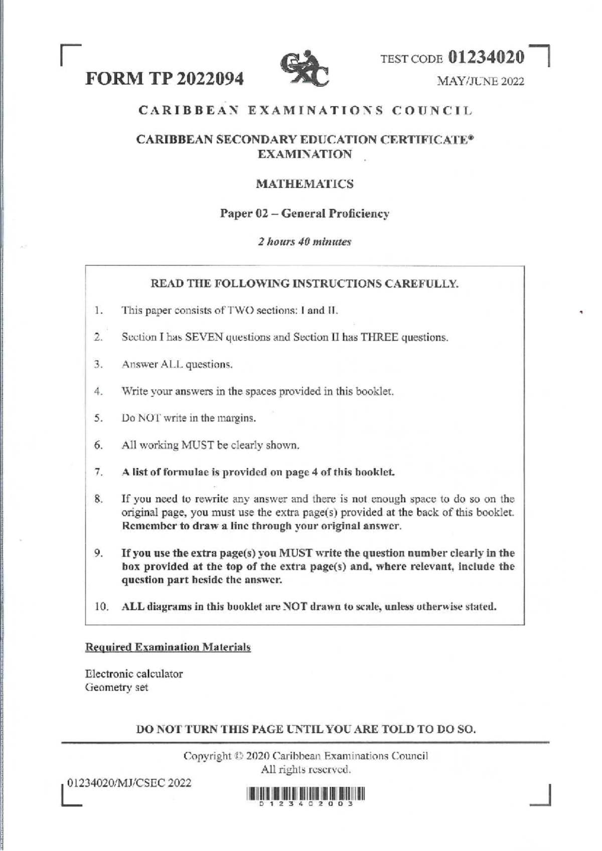 June 2022 CSEC Math Paper 02 Exam - General Proficiency - Studocu