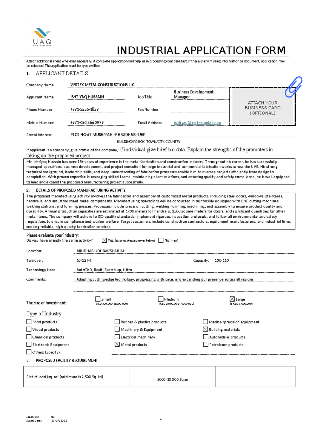 INDUSTRIAL APPLICATION FORM - VERTEX METAL CONSTRUCTIONS LLC - Studocu
