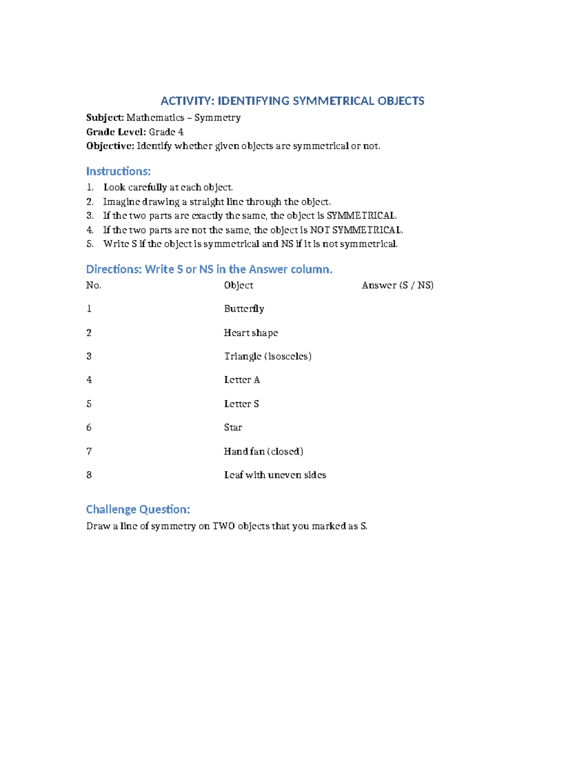 ACTIVITY: IDENTIFYING SYMMETRICAL OBJECTS (Grade 4 Math) - Studocu