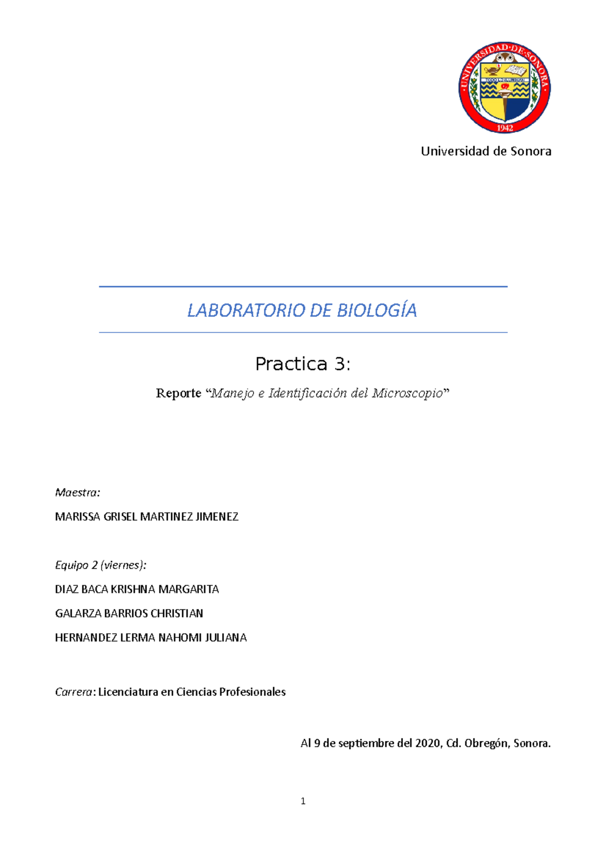 P3 - Practicas biologia - Universidad de Sonora LABORATORIO DE BIOLOGÍA Practica 3: Reporte ...