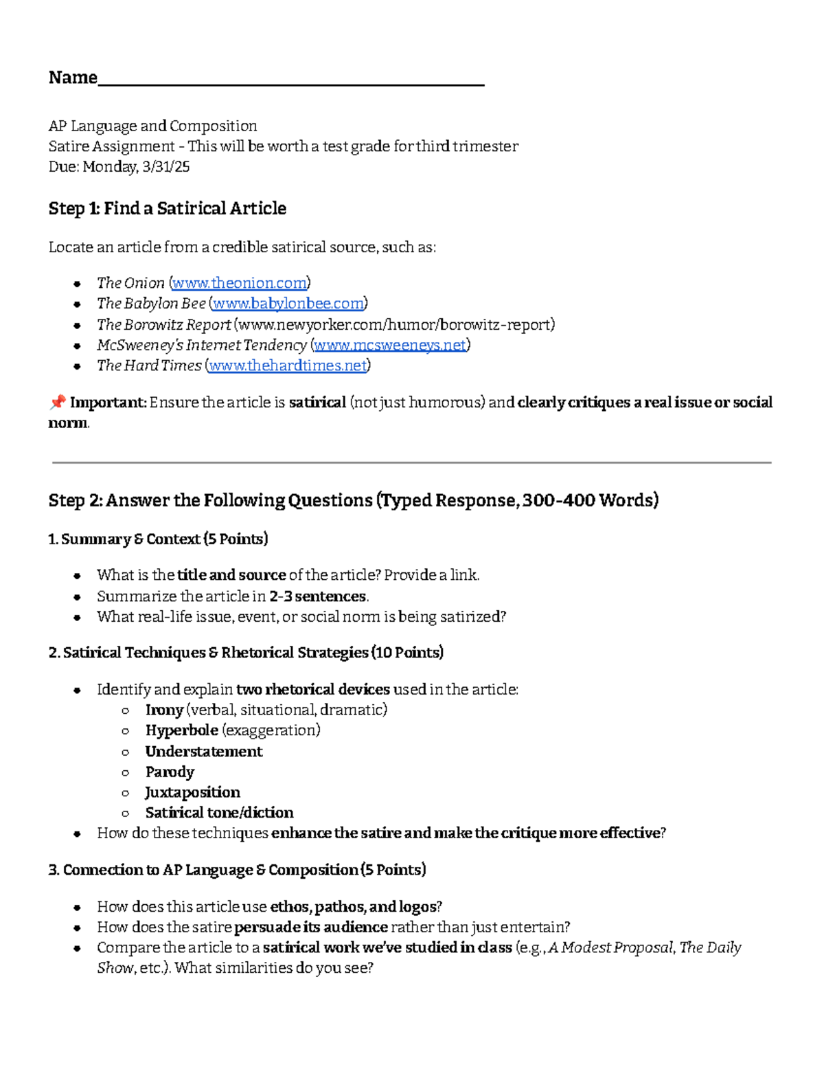 APLANG & COMP Satire Project Assignment - Test Grade for 3rd Trimester ...