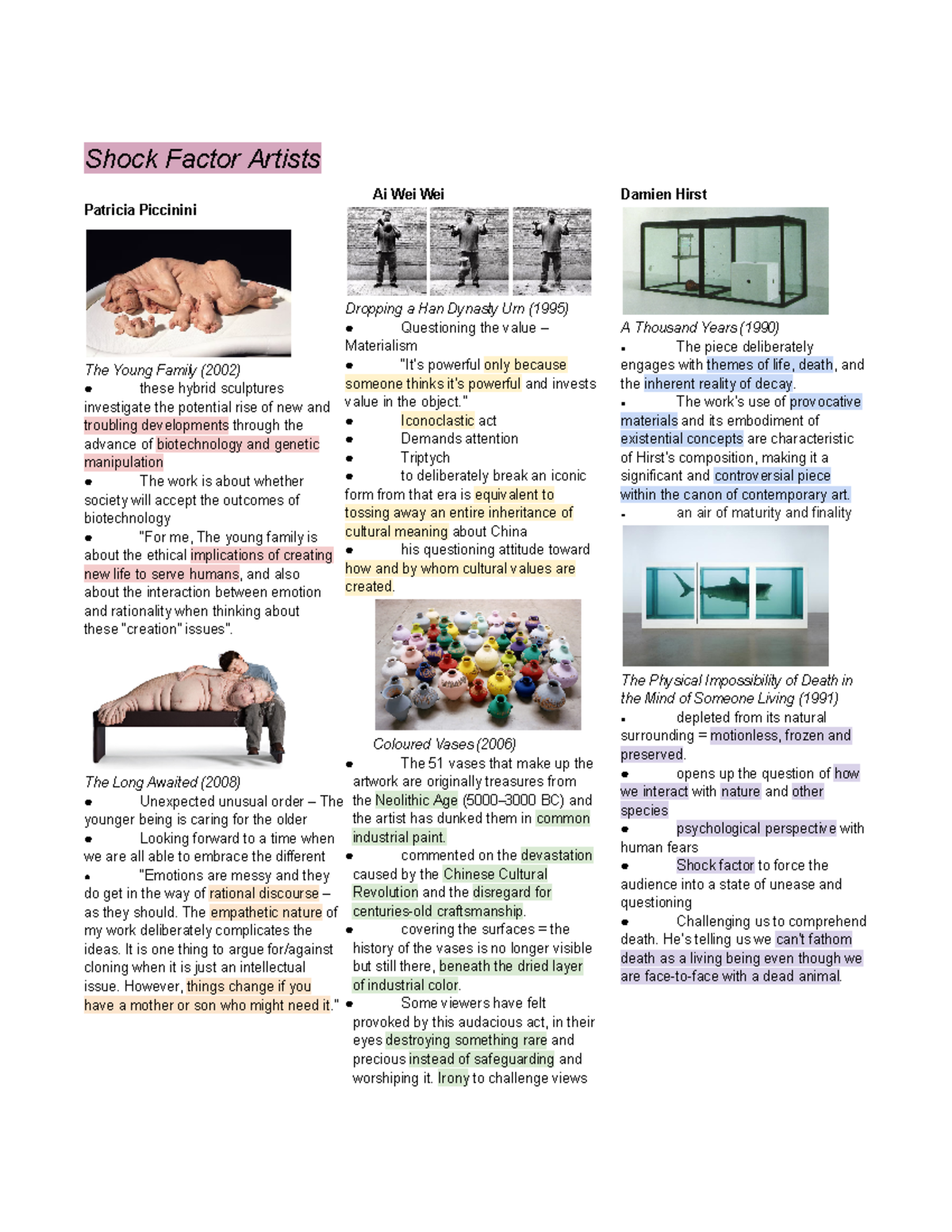 Art Cheat Sheet: Shock Factor and Provocative Artist Insights - Studocu
