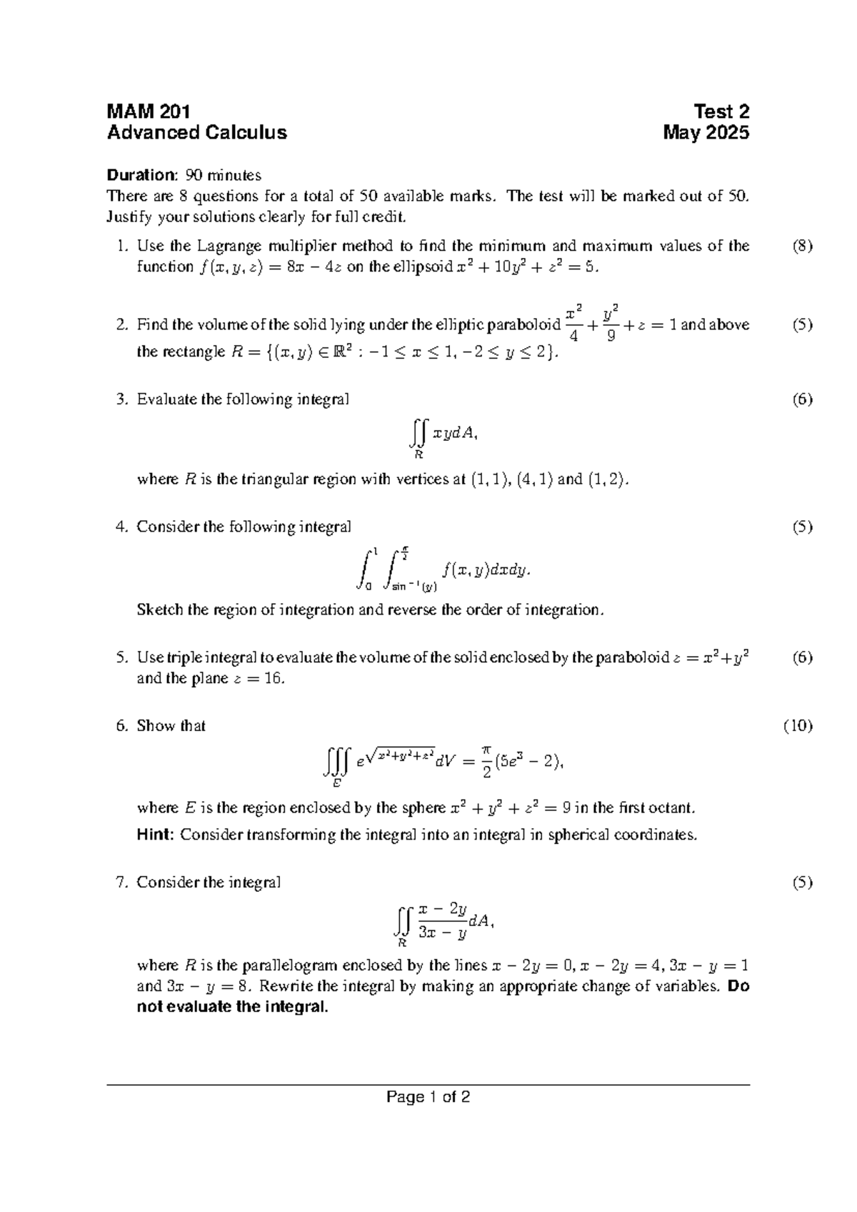 MAM 201 Advanced Calculus Test 2 Review Notes - Studocu