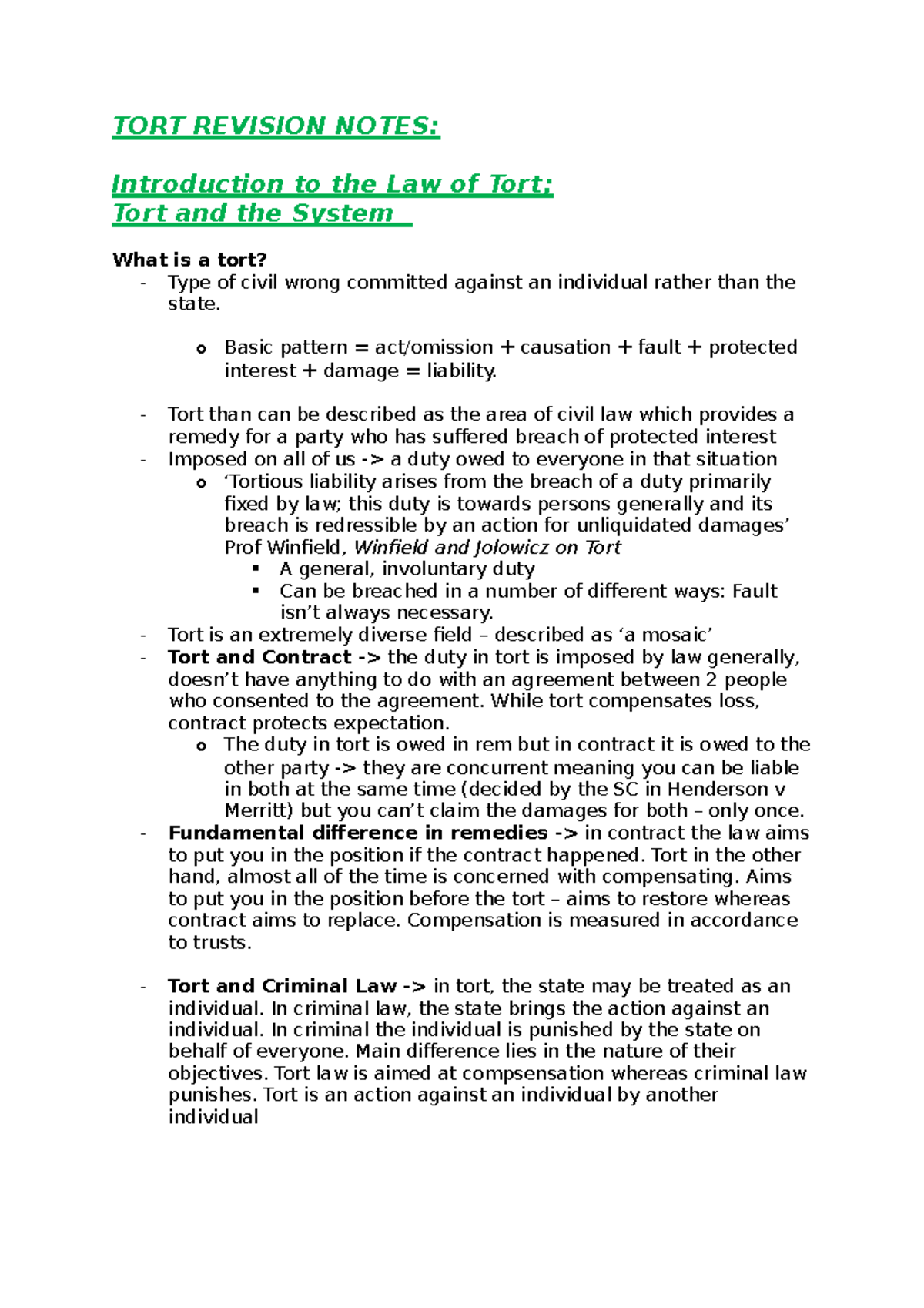 Tort Law Revision Notes (2:1): Key Concepts & Case Analysis - Studocu