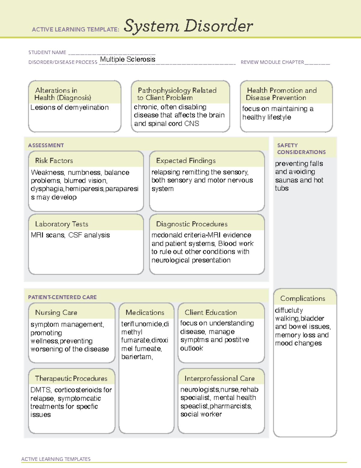 ACTIVE LEARNING TEMPLATE: System Disorder MS Review Module - Studocu