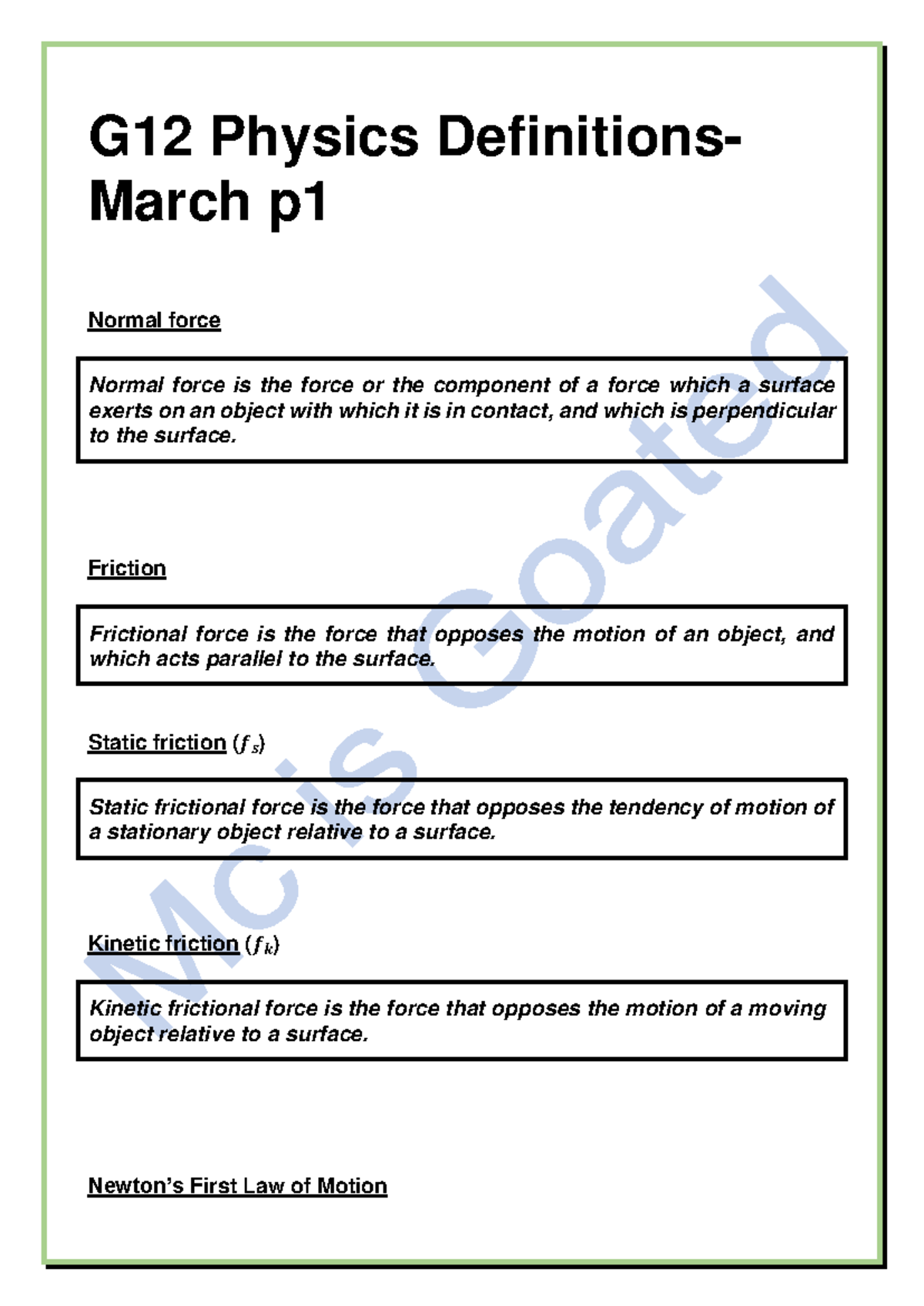 G12 Physics Definitions - G12 Physics Definitions- March p Normal force ...