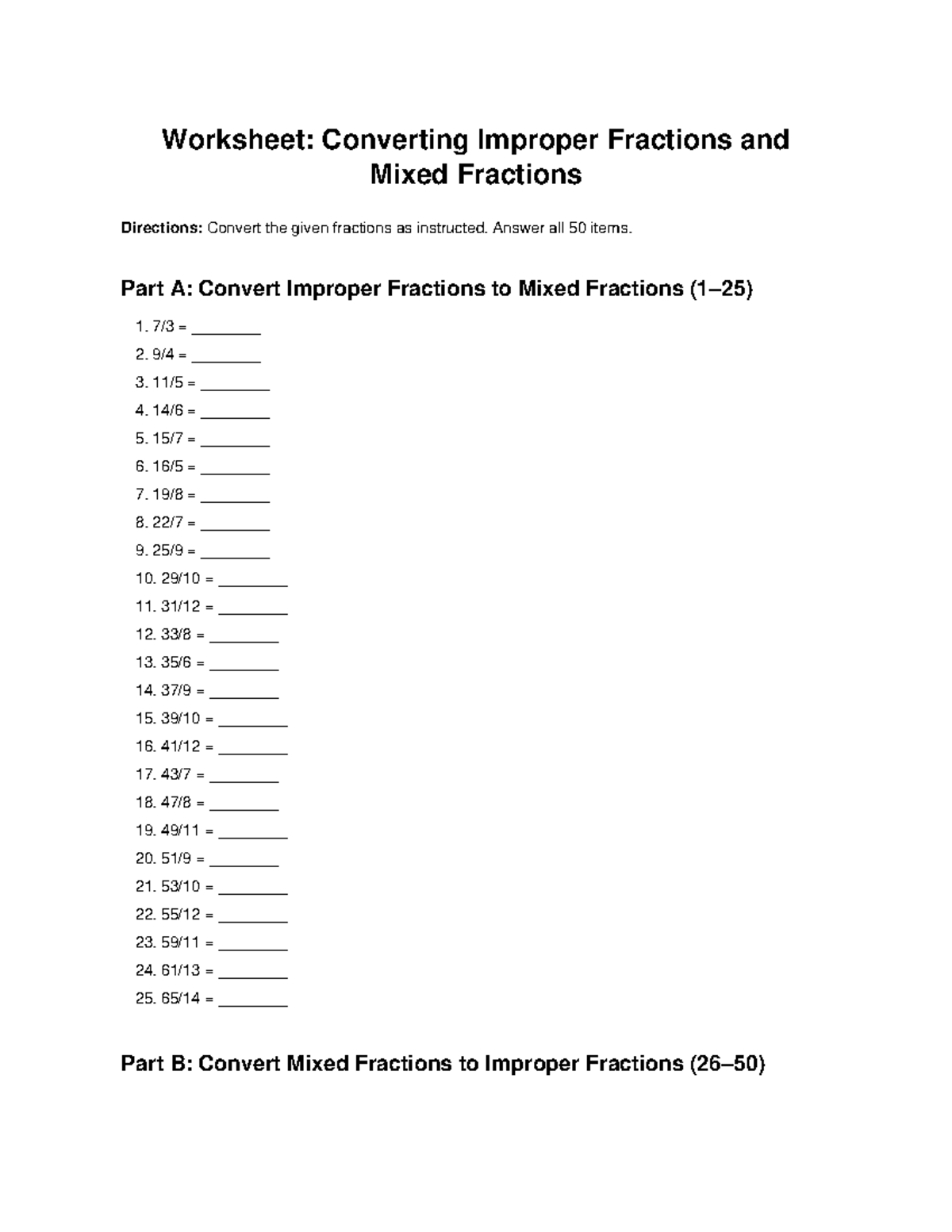 Worksheet: Converting Improper & Mixed Fractions - Studocu