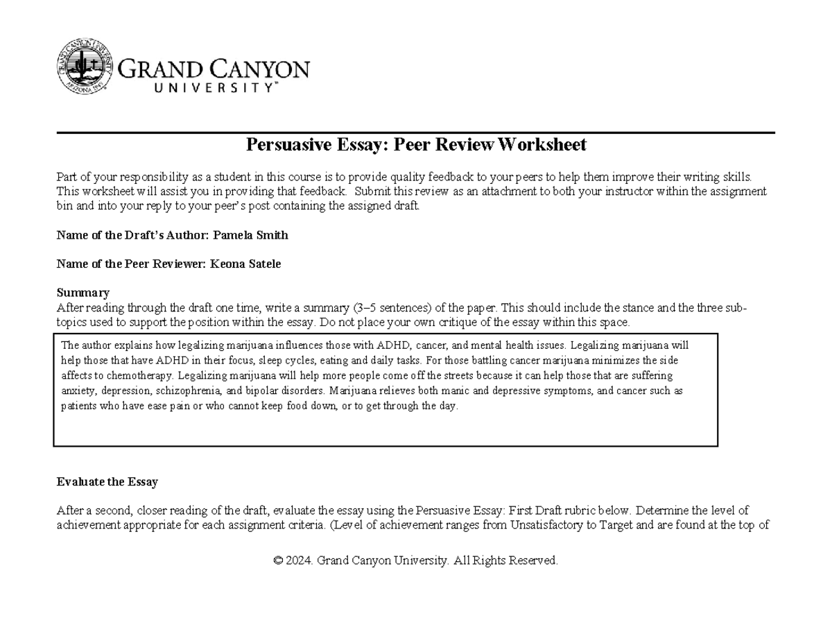 PHI-105-T-6 Peer Review Worksheet (1) - Persuasive Essay: Peer Review ...