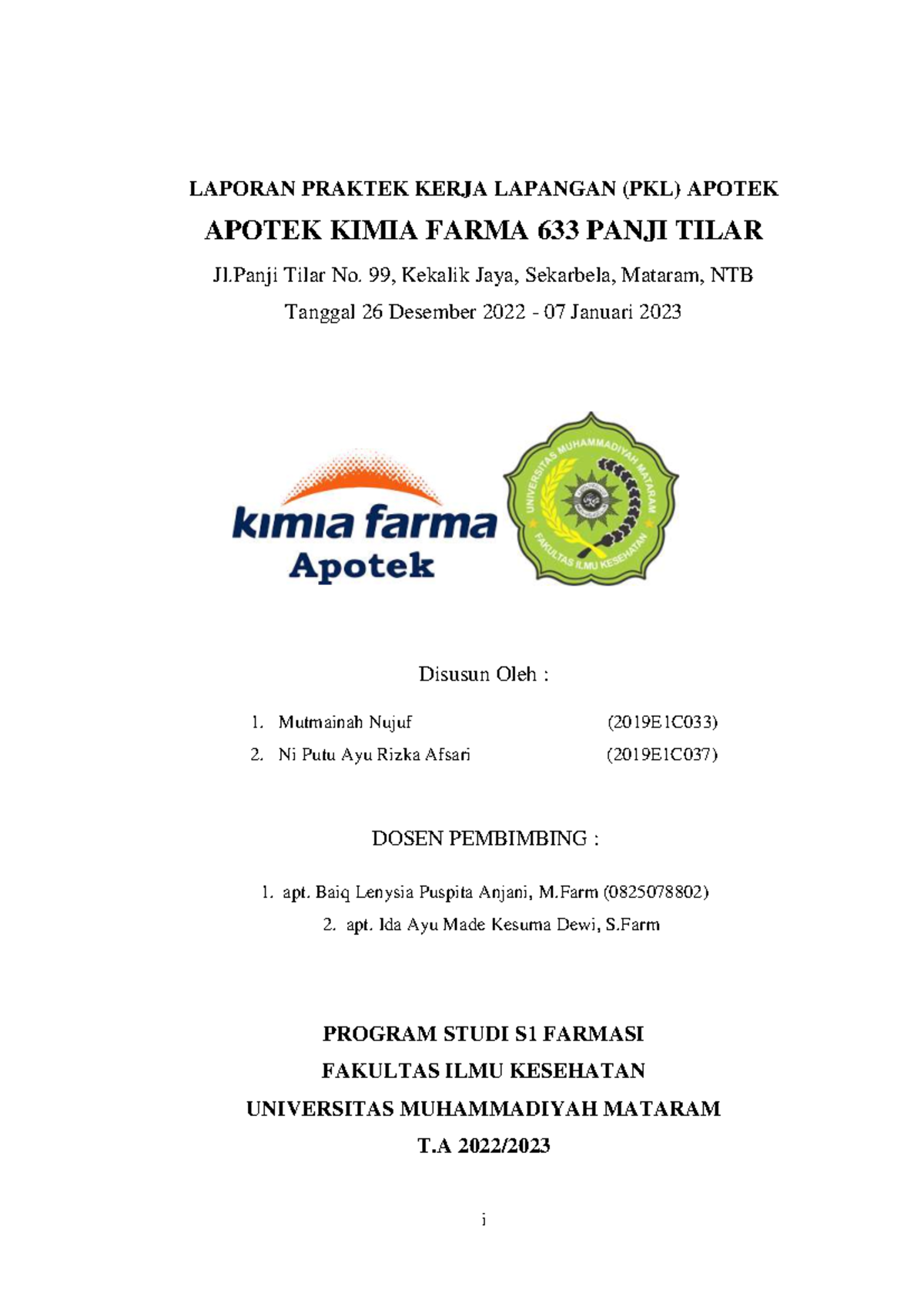 Laporan PKL di Apotek Kimia Farma 633 oleh Mahasiswa S1 Farmasi - Studocu