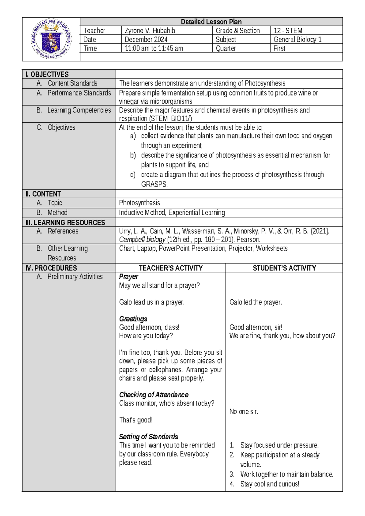Gen Bio 1 - Photosynthesis - Detailed Lesson Plan Teacher Zyrone V ...