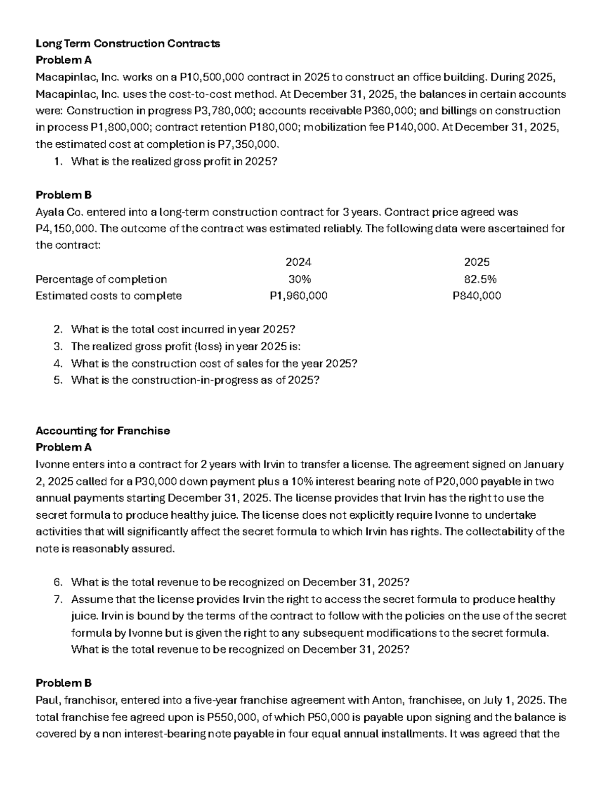 Long Term Construction Contracts & Franchise Accounting (2025) - Studocu