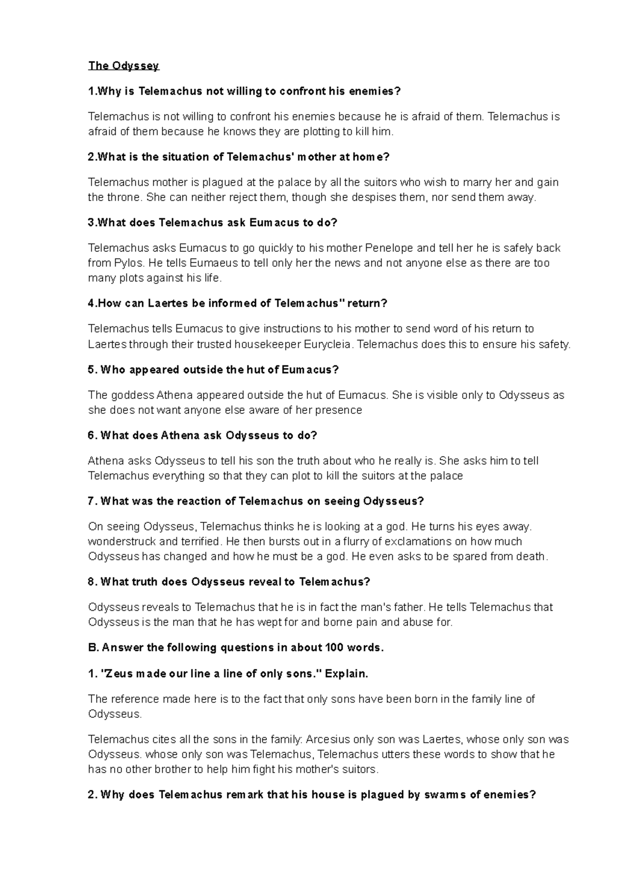 The Odyssey (ENG101): Key Questions & Insights from Telemachus ...