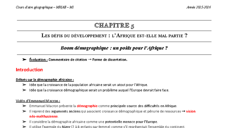 Chapitre 5 - Boom Démographique : Un Poids pour l'Afrique MRIAE - Studocu