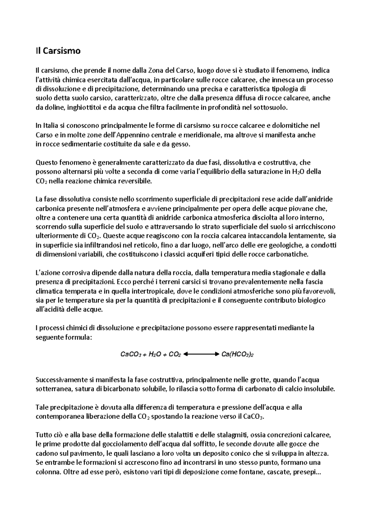 Il Carsismo: Processi Chimici e Formazioni Geologiche - Studocu