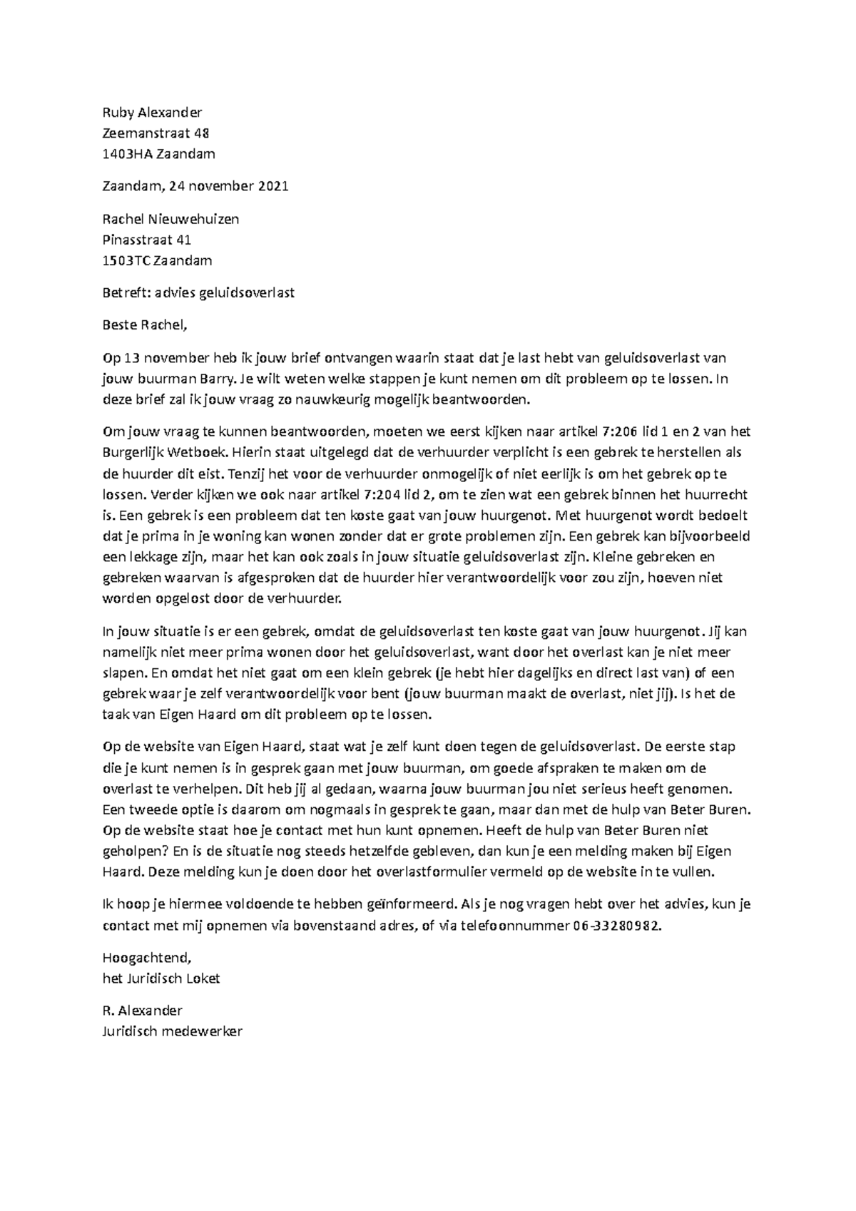 Oefen adviesbrief - Ruby Alexander Zeemanstraat 48 1403HA Zaandam ...