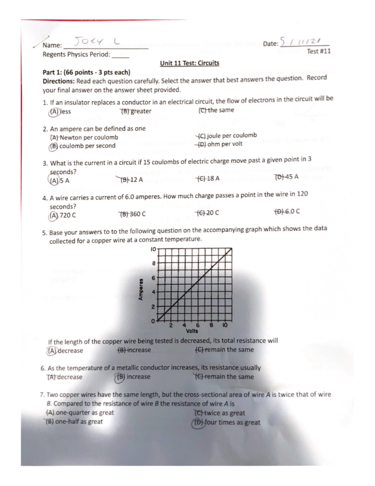 Regents Physics Unit 11 Test: Circuits - Joey L's Answers - Studocu