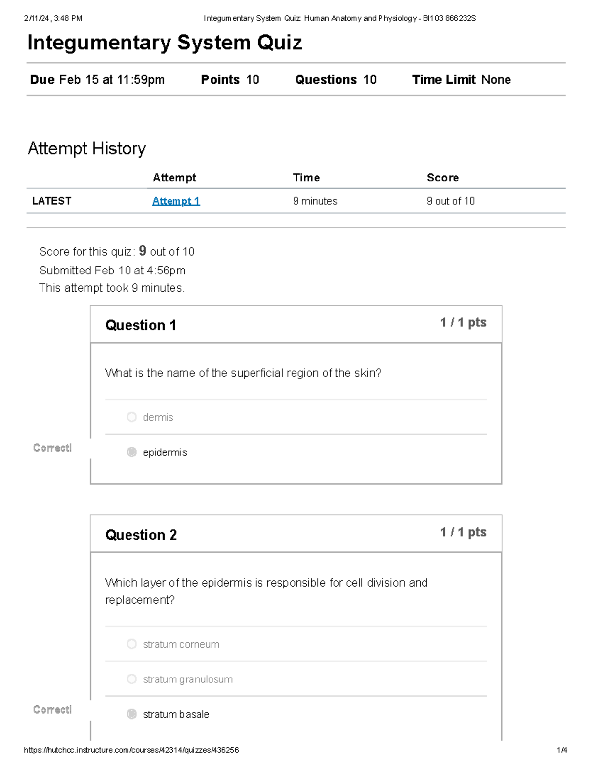 Integumentary System Quiz Human Anatomy and Physiology - BI103 866232 S ...