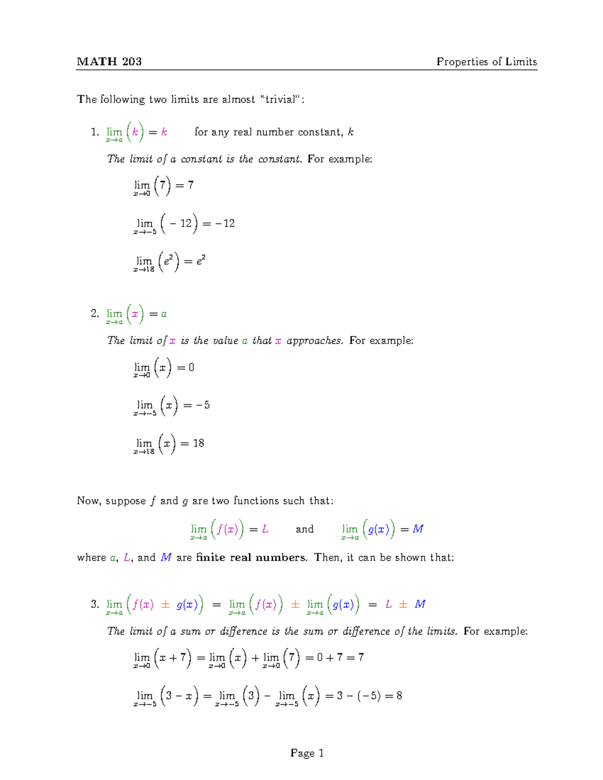 MATH 203 Final Exam Notes: Properties of Limits Explained - Studocu