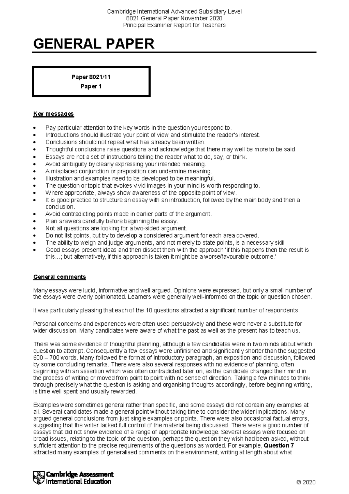 Cambridge International AS Level 8021 General Paper November 2020 ...