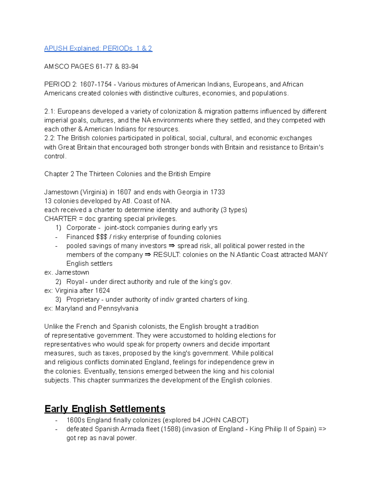 APUSH 1 & 2: Comprehensive Overview of Period 2 (1607-1754) - Studocu