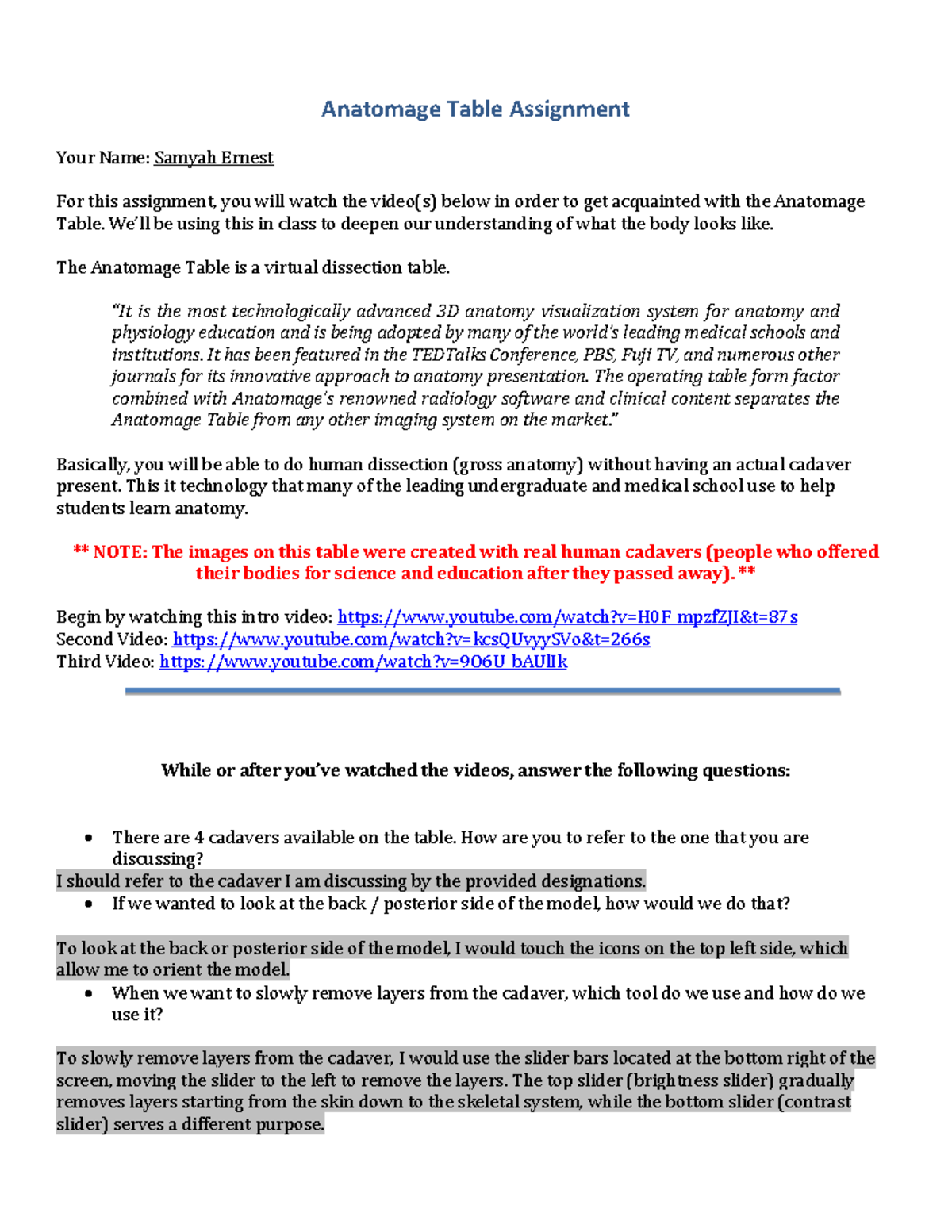 Anatomage Table Assignment: Exploring Virtual Dissection Tools - Studocu