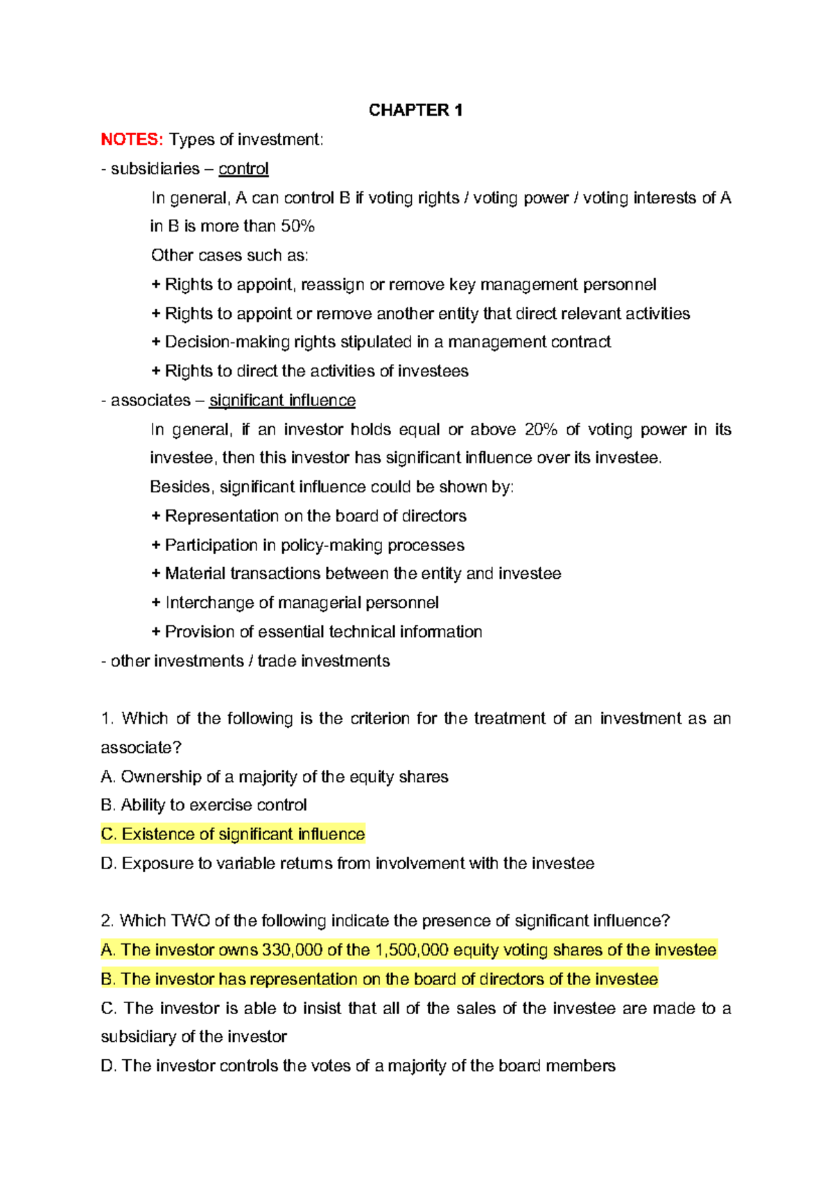 CHAPTER 1 NOTES: Types of Investment and Control in Group Accounting ...