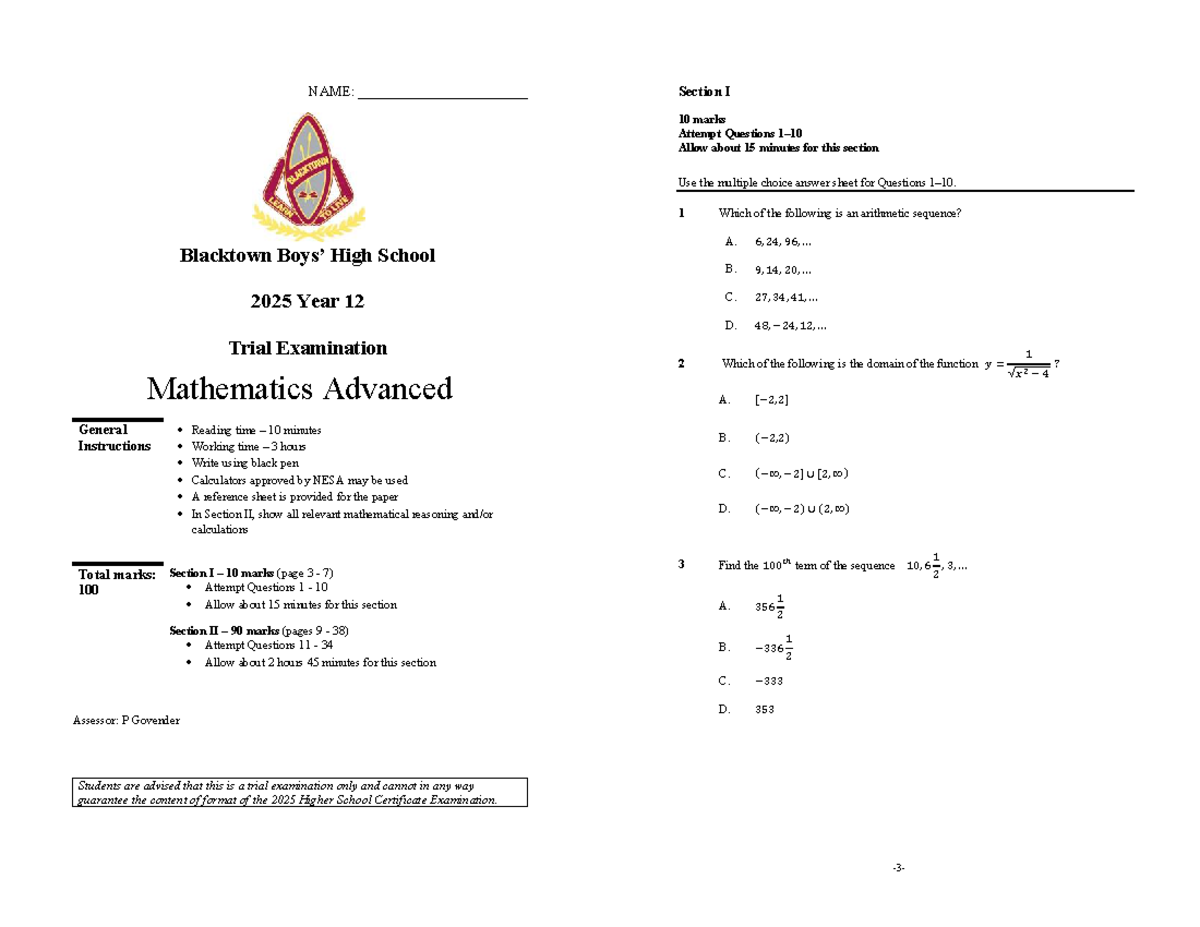 Blacktown Boys 2025 2U Trial Exam Mathematics Advanced - Studocu