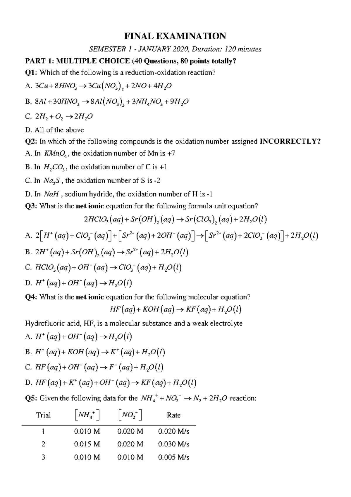 FINAL EXAMINATION CHEM 101 SEMESTER 1 JANUARY 2020 - Studocu