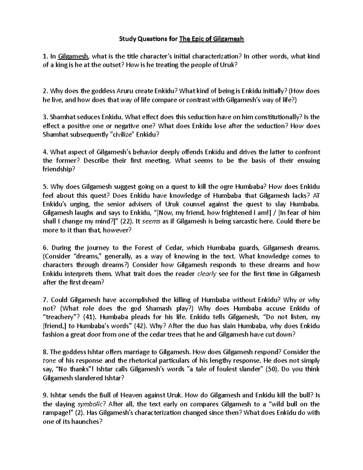 Study Questions for The Epic of Gilgamesh - What efect does this ...