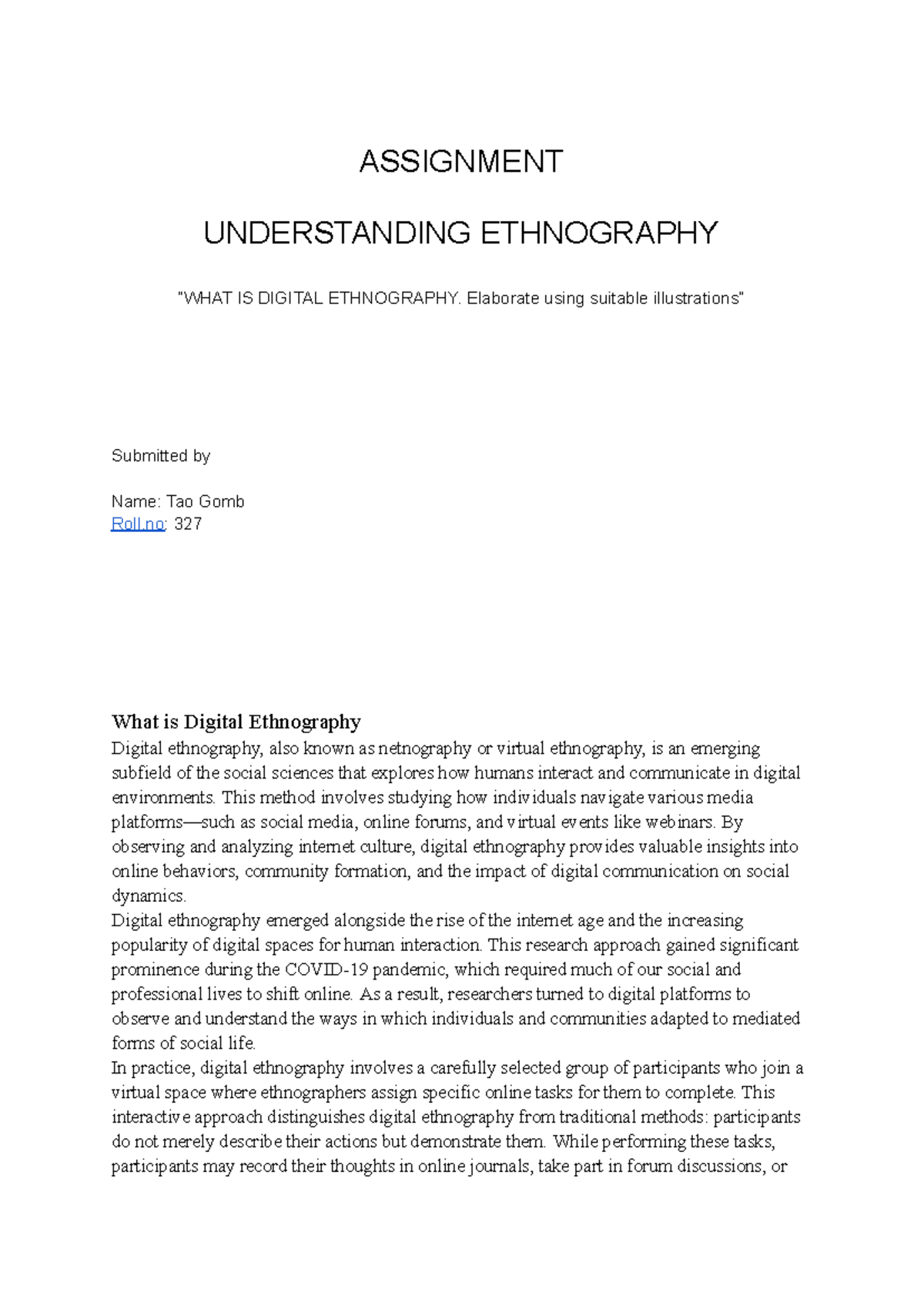 ASSIGNMENT: UNDERSTANDING DIGITAL ETHNOGRAPHY IN SOCIOLOGY - Studocu
