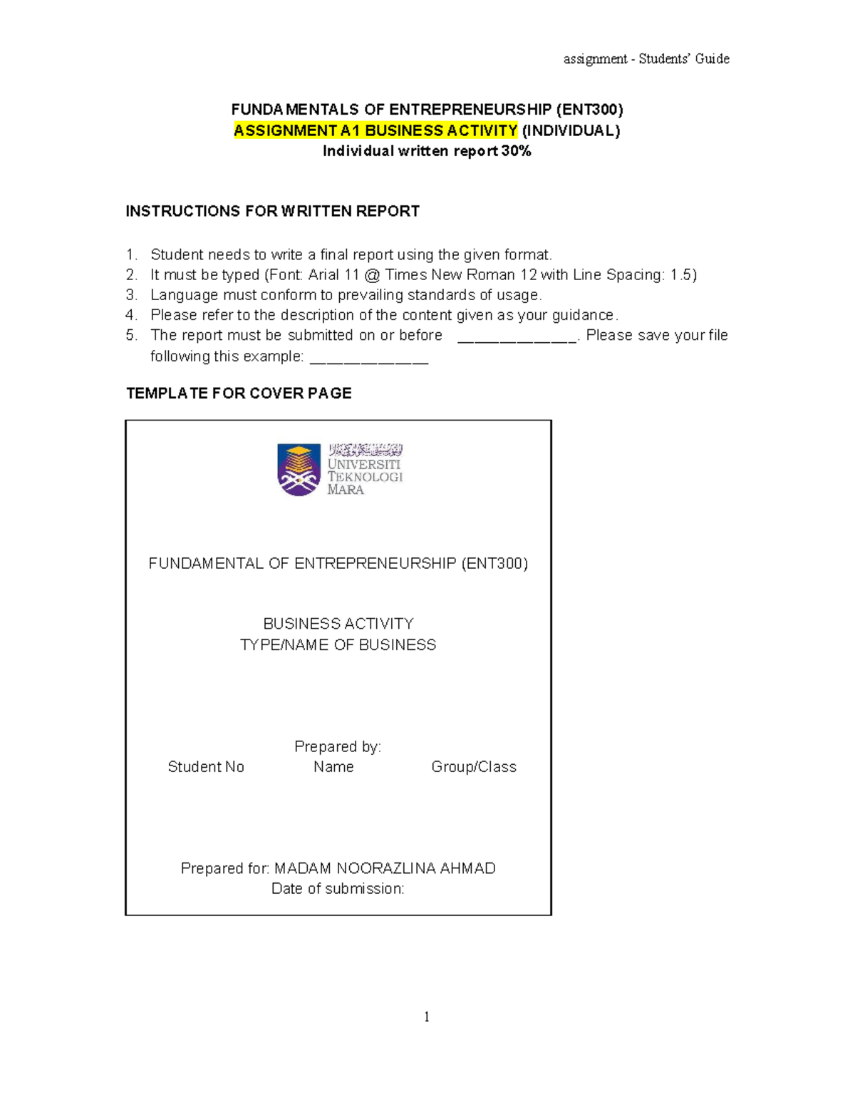 ENT300 Assignment A1 Guidelines - FUNDAMENTALS OF ENTREPRENEURSHIP ...