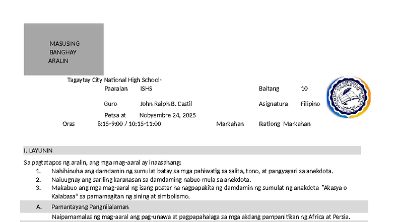 MASUSING BANGHAY ARALIN: Anekdota mula sa Persia (Filipino 10) - Studocu