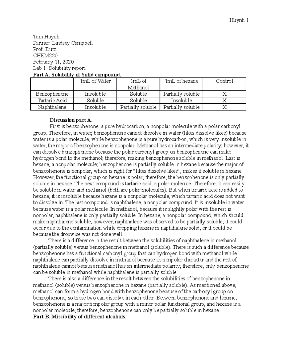 Lab Report 1 : Solubility - Tam Huynh Partner: Lindsey Campbell Prof ...