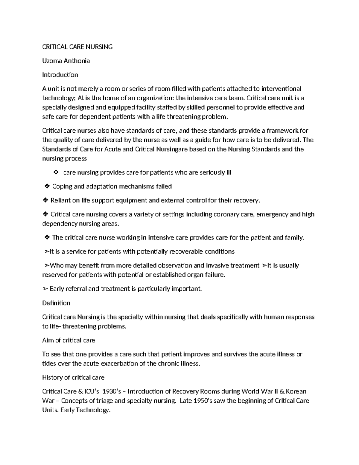 Critical Care Nursing Overview: Standards, History, and Management ...