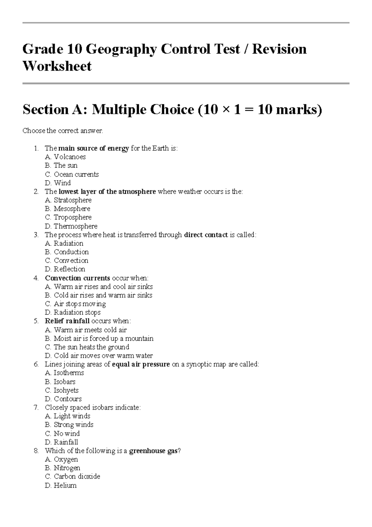 Grade 10 Geography Control Test Revision Worksheet - Studocu