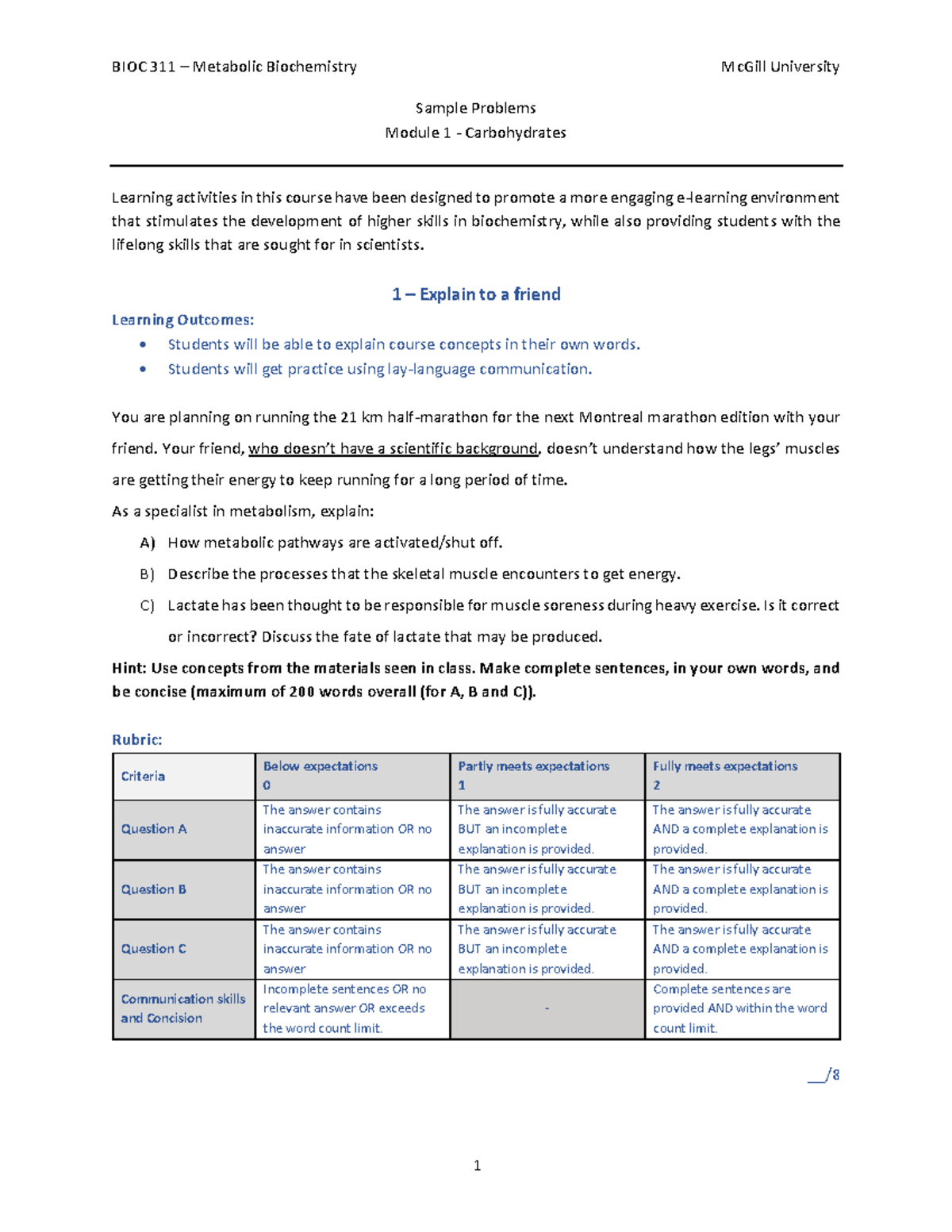 BIOC 311 Metabolic Biochemistry McGill University Sample Problems ...