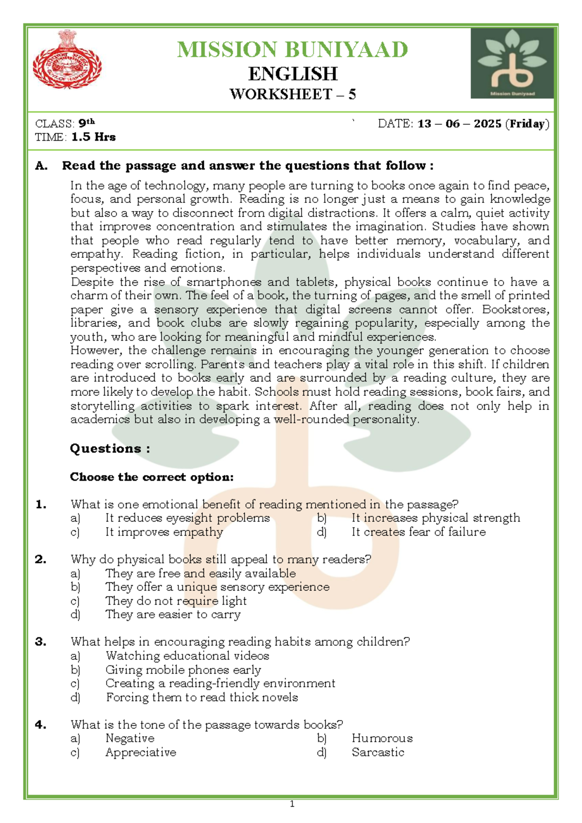 9th English Worksheet - 5: Reading & Literature Questions (13-06-2025 ...