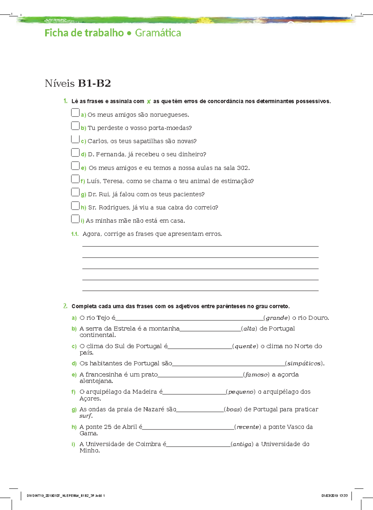 PLNM Ficha de Trabalho de Gramática Níveis B1-B2 - Studocu