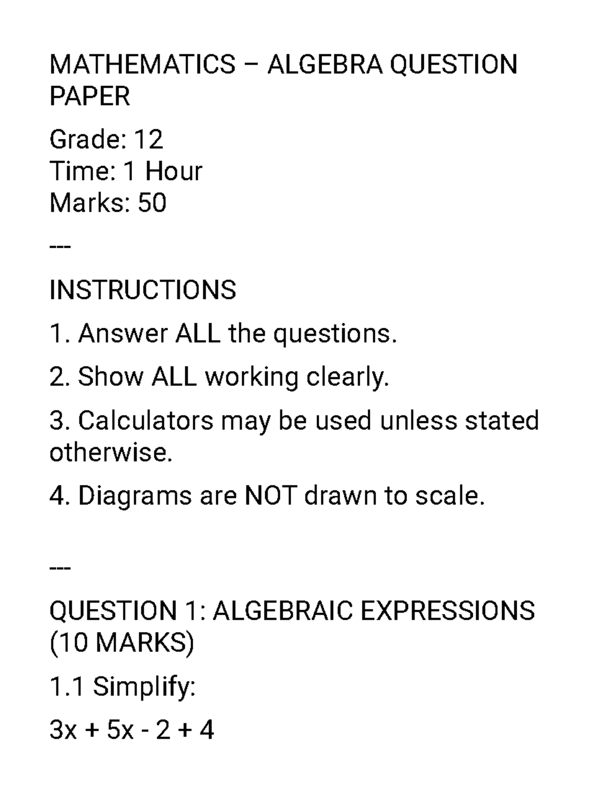 MATHEMATICS GRADE 12 ALGEBRA QUESTION PAPER & MEMO - Studocu